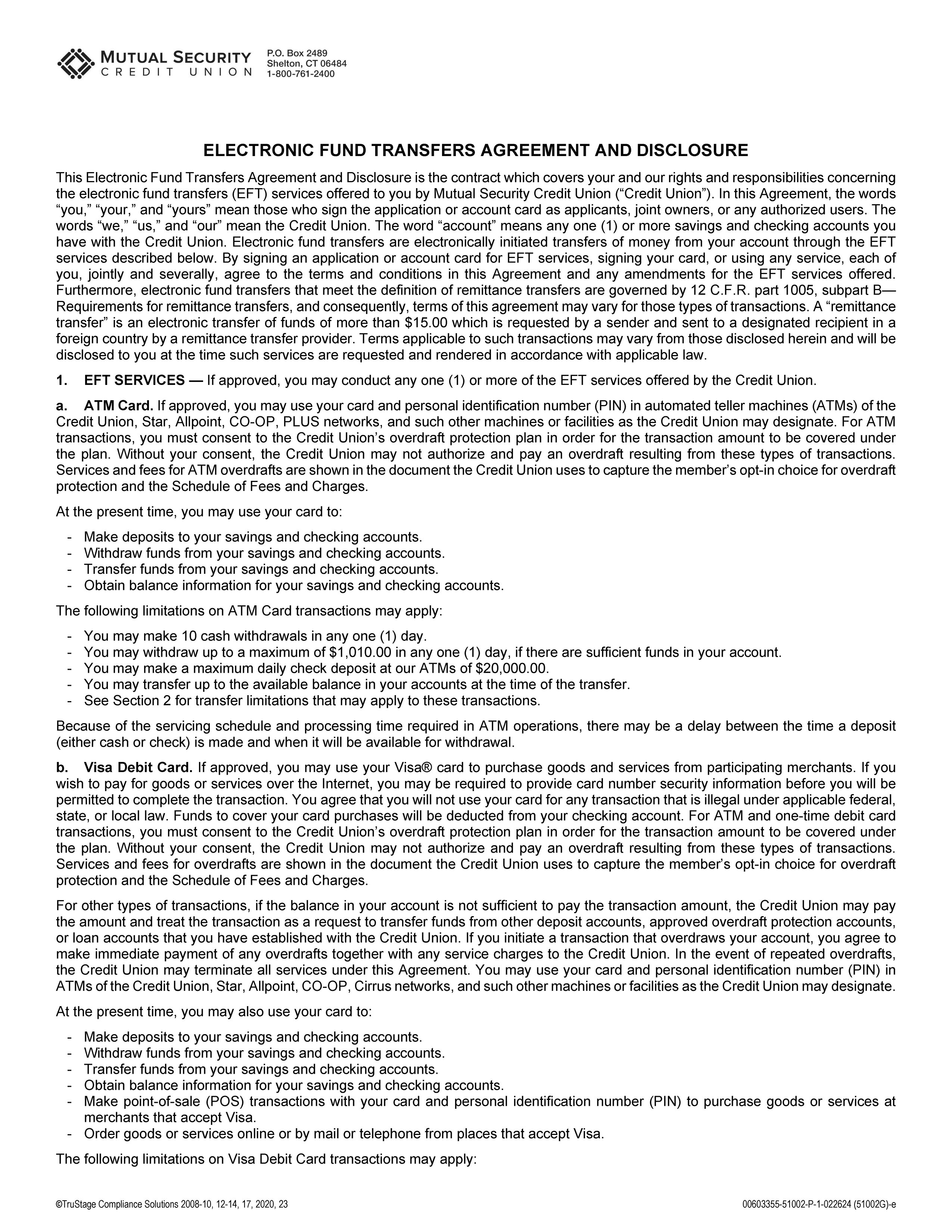 Electronic Funds Transfer Agreement | MSCU