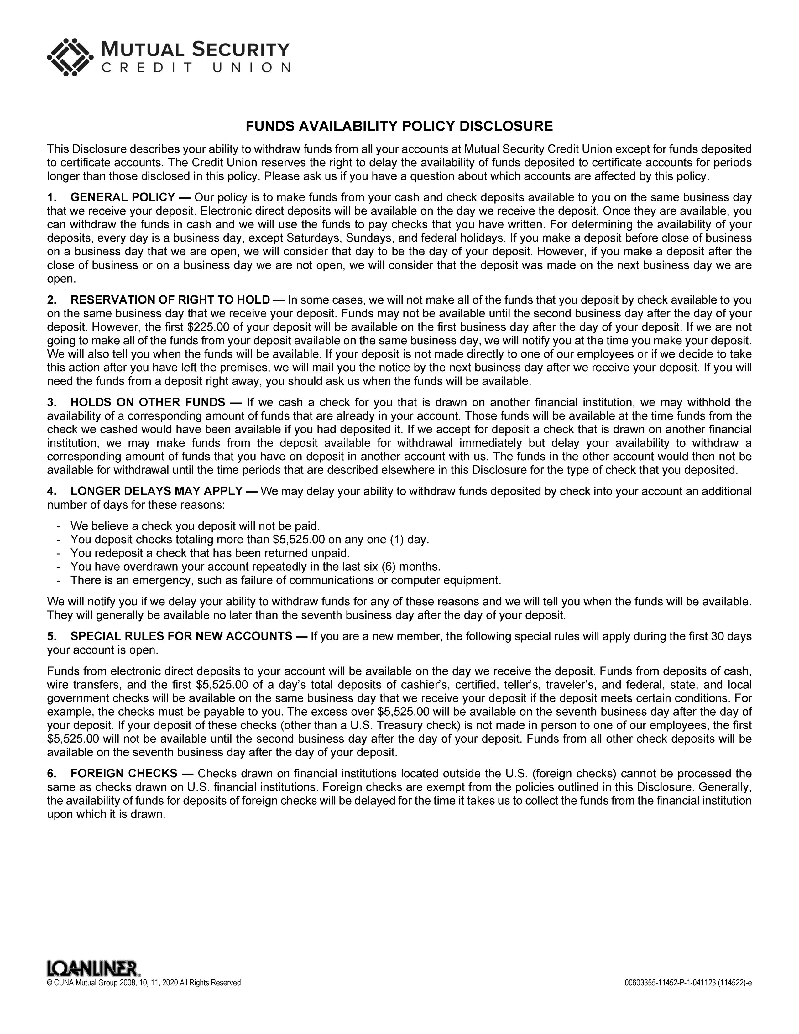 Funds Availability Disclosure | Mutual Security Credit Union